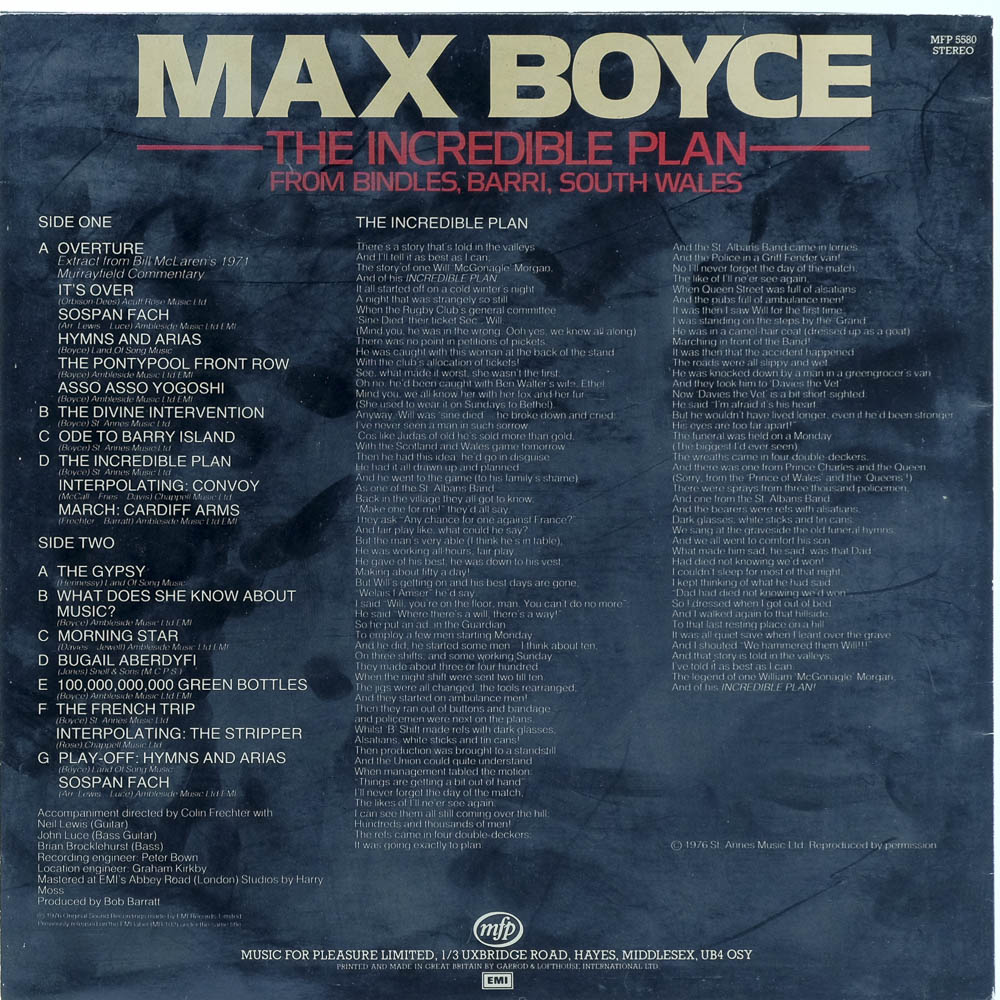 Max Boyce - The Incredible Plan - Raw Music Store