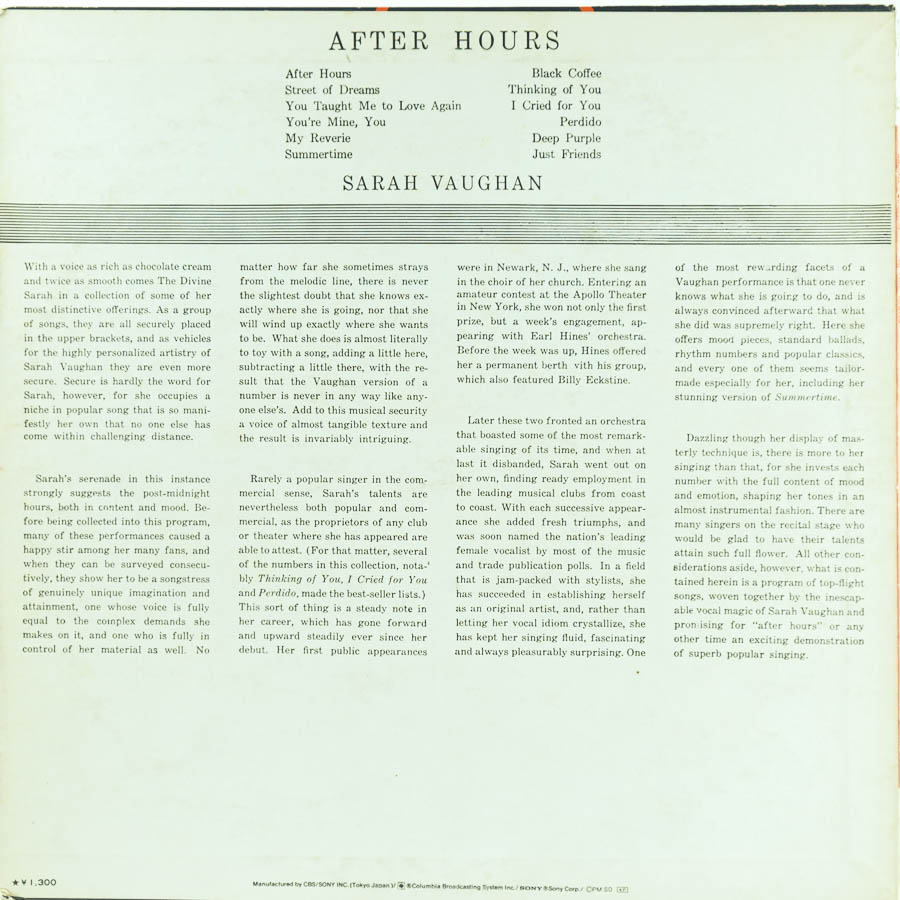 Sarah Vaughan - After Hours With Sarah Vaughan - Raw Music Store