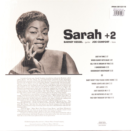 Sarah Vaughan - Barney Kessel - Joe Comfort - Sarah + 2 - Raw Music Store