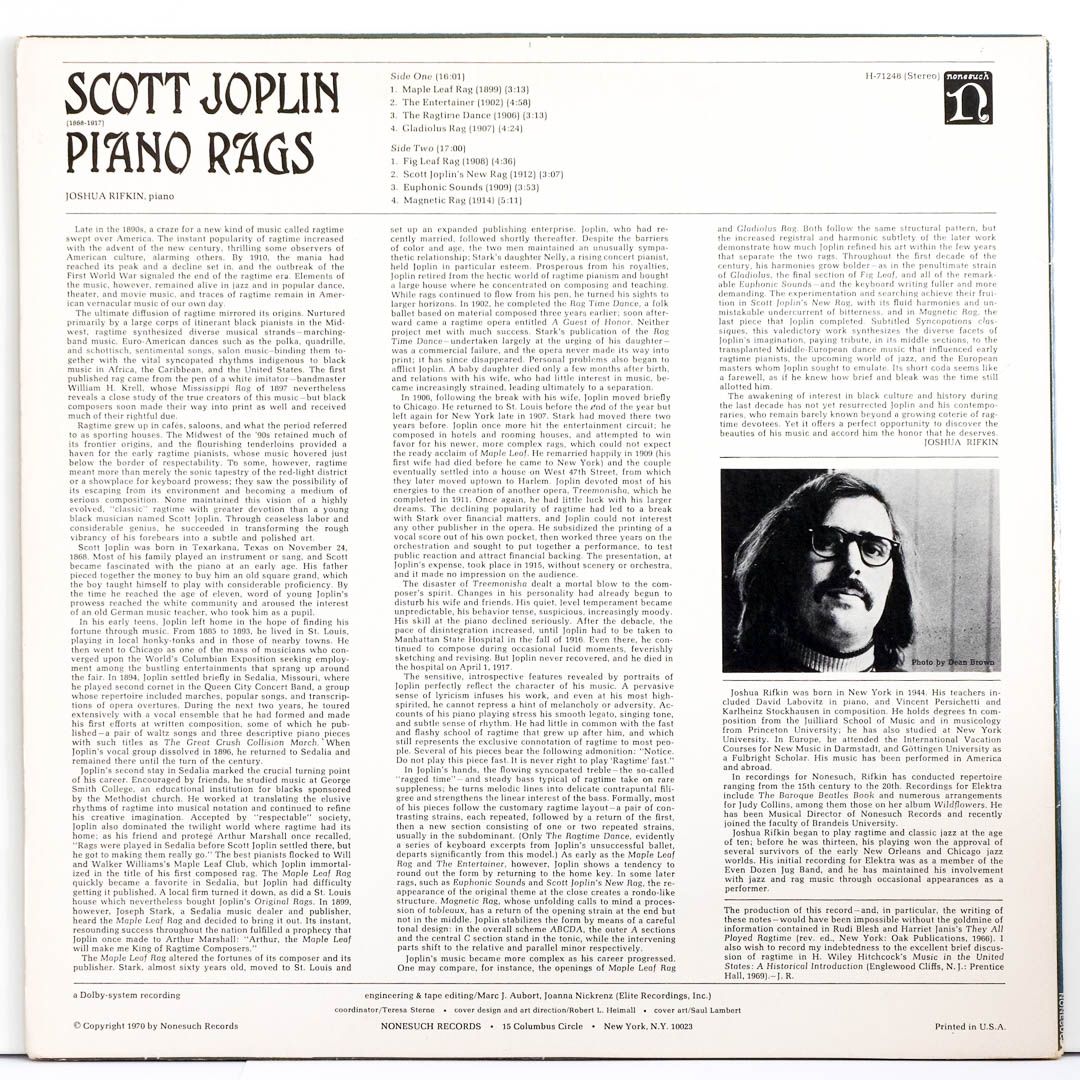 Scott Joplin, Joshua Rifkin - Piano Rags - Raw Music Store