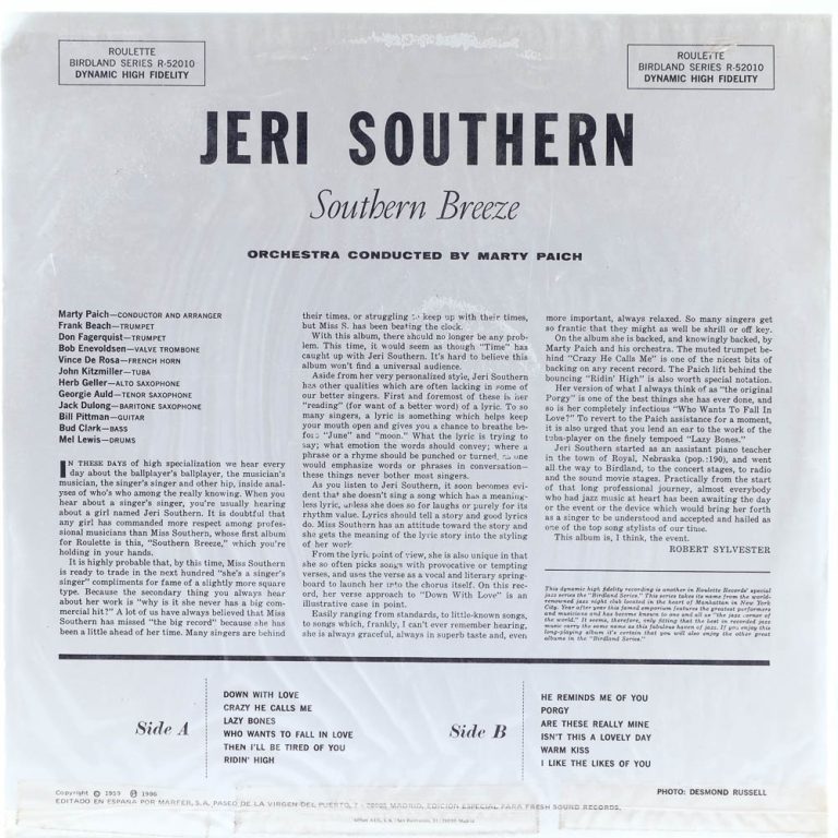 Jeri Southern - Southern Breeze - Raw Music Store